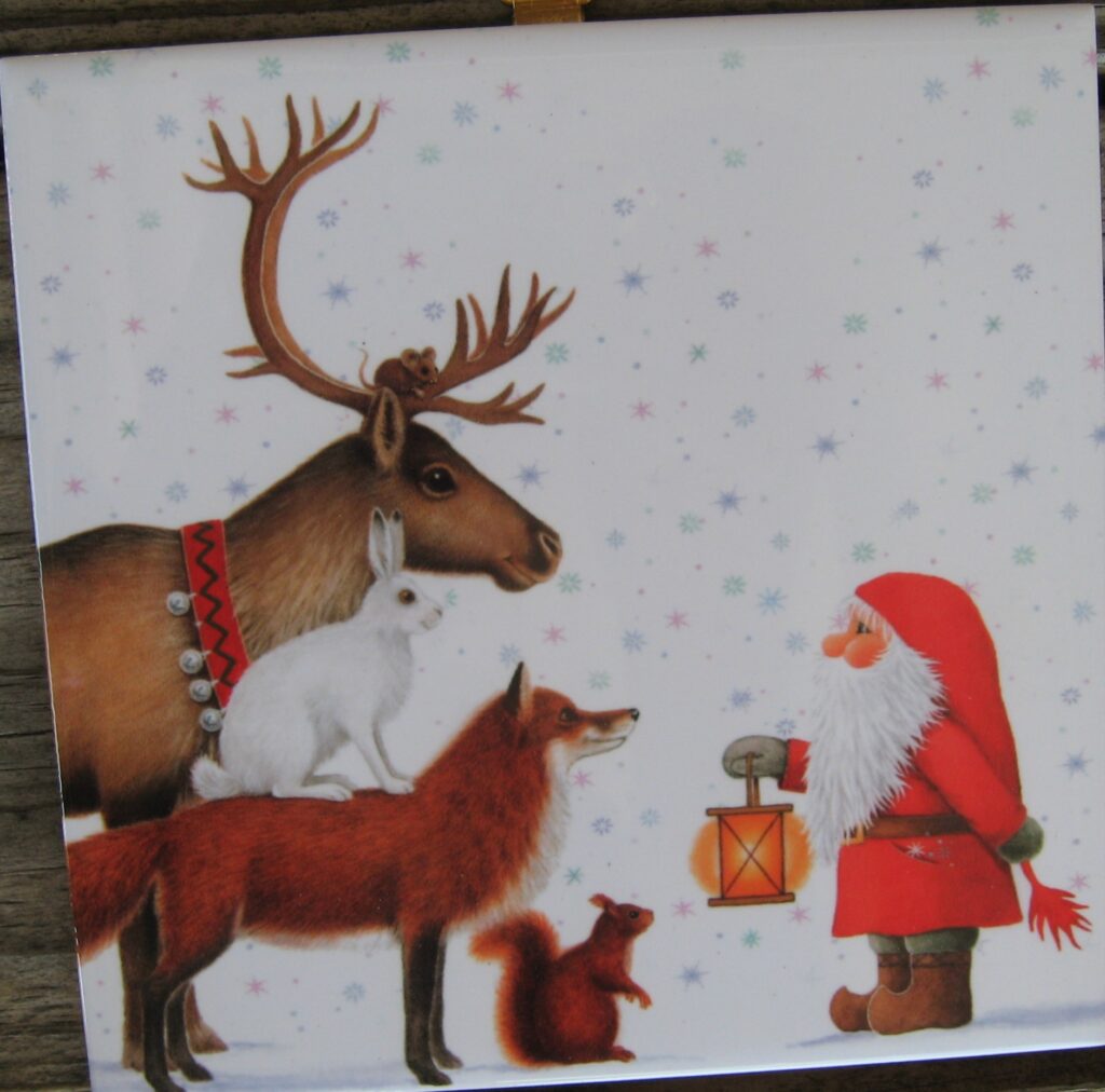 Swedish Christmas tile “Tomte & Animals” 6″ x 6″ cork back, hanger ...